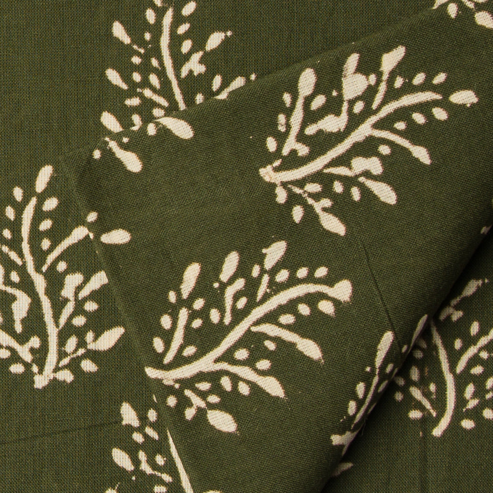 Precut 1 Meter Green And Off White Bagru Dabu Hand Block Printed Cotton