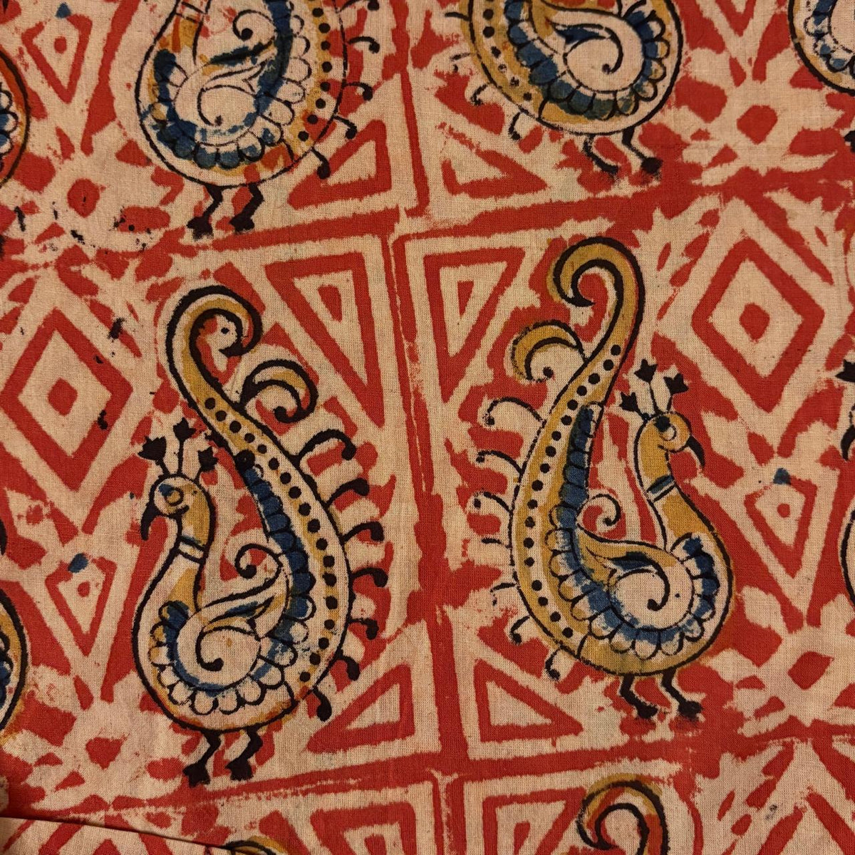 Precut 1 meter -Yellow & Red Kalamkari Hand Block Printed Cotton Fabri ...